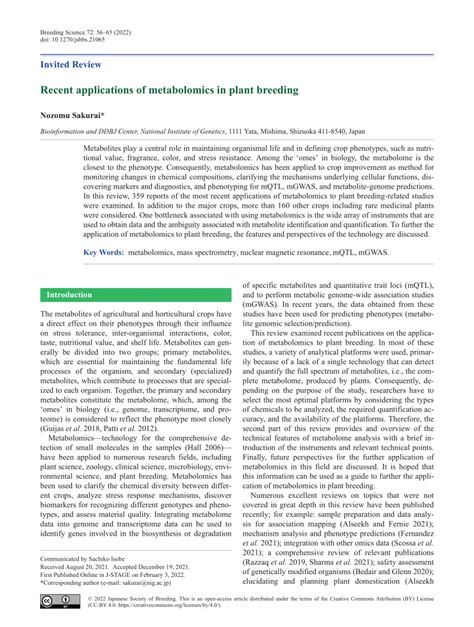 Pdf Recent Applications Of Metabolomics In Plant Breeding