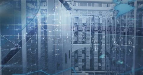 Animation Of Mathematical Equations And Diagrams With Lens Flare Over Server Room Stock Footage