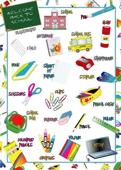 School Items Poster School Items School Worksheets