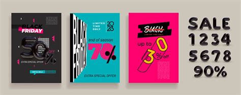 블랙 프라이데이 세일 포스터 또는 전단지 세트는 풍선 번호로 디자인됩니다 벡터 그림입니다 텍스트를 위한 장소입니다 현대적인 추상 디자인 블랙 프라이데이 타이포그래피 브랜딩