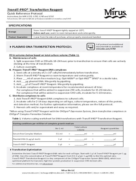 Fillable Online Transit Pro Transfection Reagent Quick Reference Protocol Fax Email Print