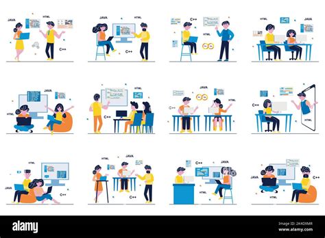 Programming Software Concept With Tiny People Scenes Set In Flat Design