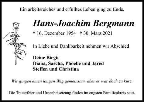 Traueranzeigen Von Hans Joachim Bergmann Trauer Anzeigen De