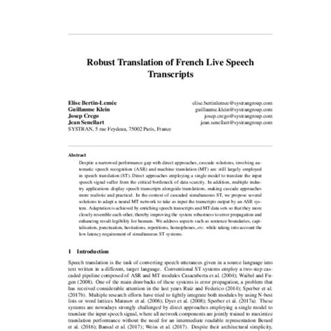 Robust Translation Of French Live Speech Transcripts Acl Anthology