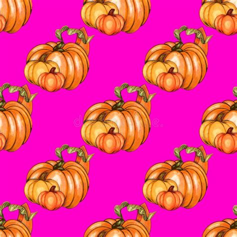 Watercolor Pumpkin Pattern Seamless Autumn Harvest Design Stock