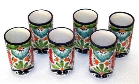 Mexican Talavera Water Glasses Set 6 Ceramic Tumblers