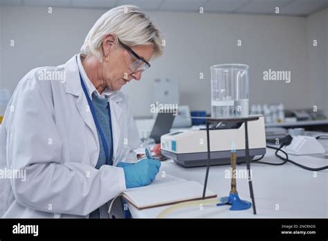 Science Research And Woman Writing Notes Or Data In Notebook With Burner Experiment On Desk