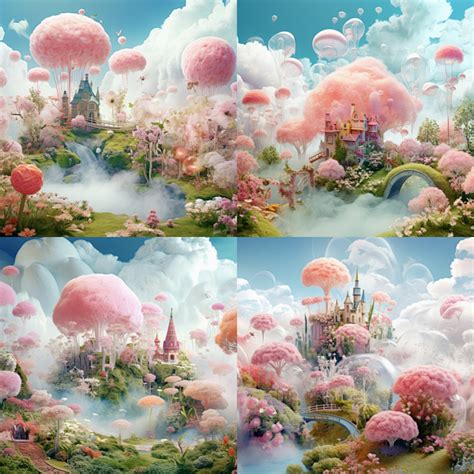 一幅美丽的图画描绘了一个由热带植物棉花糖云西瓜云小花草浅绿色背景梦想童话白烟和仙女照明效果植物周围类似棉的粉末云的童话世界