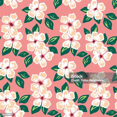 완벽 한 꽃 패턴 귀여운 추상적 인 자연 복고풍 스타일의 식물 디자인 흰색 꽃 분홍색에 작은 잎 벡터 일러스트 레이 션입니다 0명에 대한 스톡 벡터 아트 및 기타 이미지