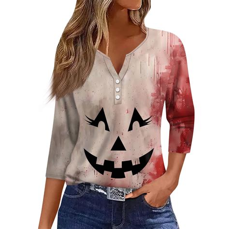 Dengdeng Halloween Shirt Womens Plus Size Pumpkin Bats Print V Neck 34