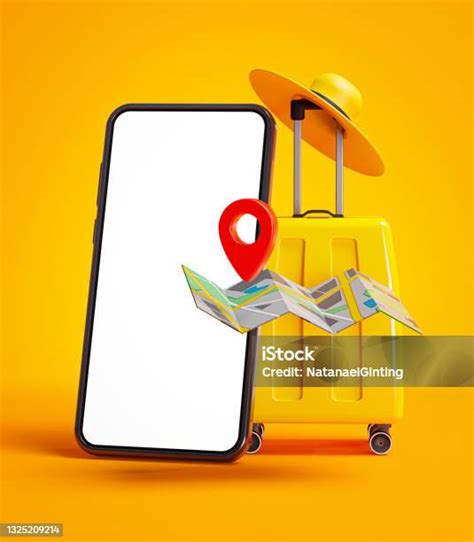 전화 모형 노란색 수하물 지도 핀 및 모자 여행 개념 배경 3d 렌더링 스마트폰에 대한 스톡 사진 및 기타 이미지 스마트폰 여행 가방 여름 Istock