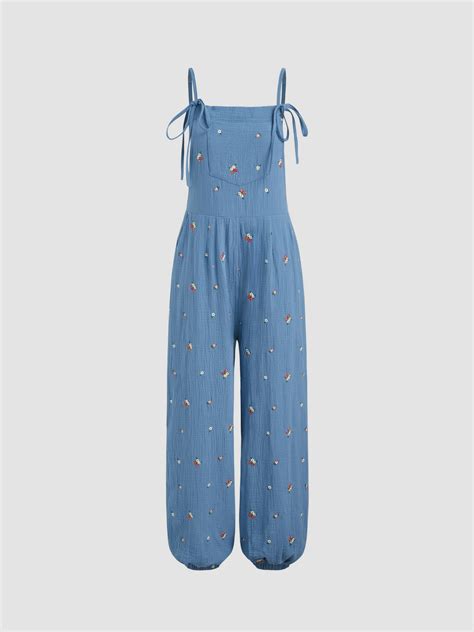 Woven Square Neck Floral Embroidery Bowknot Jogger Jumpsuit For Vacation