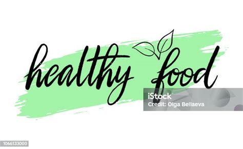 건강 한 음식 손으로 작성와 레터링 녹색 브러시 스트로크 배경에 나뭇잎 기호 레이블 생물 자연 아이콘입니다 타이 포 그래피 디자인입니다 개념에 대한 스톡 벡터 아트 및 기타