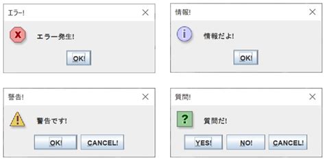 Java サンプルコード メッセージダイアログを簡単に表示する Javaのサンプルコード置いときますね
