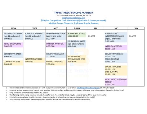 Current Class Schedule Triple Threat Fencing Academy