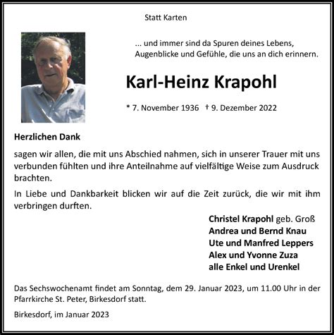 Traueranzeigen Von Karl Heinz Krapohl Aachen Gedenkt