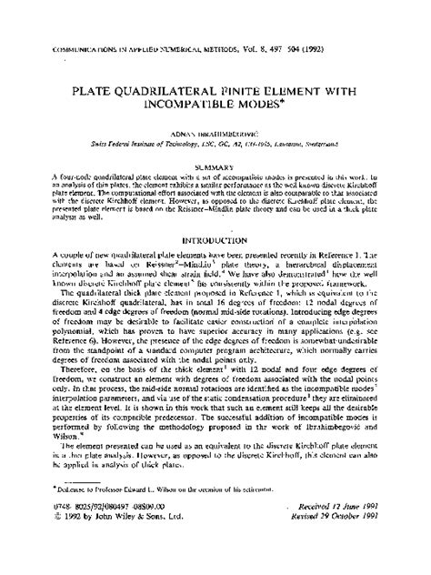 Pdf Plate Quadrilateral Finite Element With Incompatible Modes