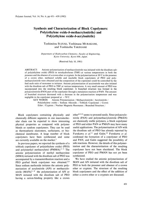 Pdf Synthesis And Characterization Of Block Copolymers Polyethylene Oxide B