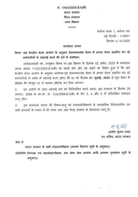 6th Cpc Dearness Allowance 257 Wef 1st July 2025 For Cg Employees