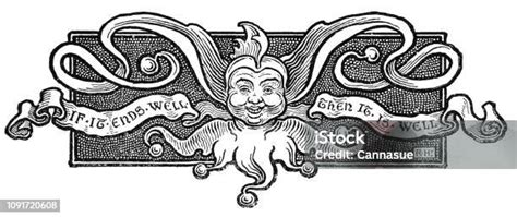 빅토리아 흑백 장식 페이지 제목 조각 스크롤 텍스트와 광대의 머리 묘사 경우 음 다음 그것은 잘 영어 그림 1892 19세기에 대한 스톡 벡터 아트 및 기타 이미지 Istock
