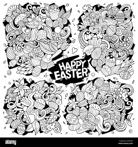 Vector Doodles Cartoon Set Of Happy Easter Combinations Of Objects