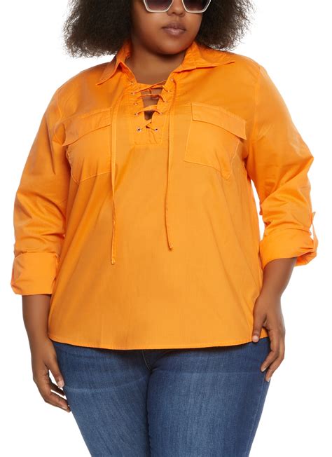 Plus Size Lace Up Collar Tabbed Shirt