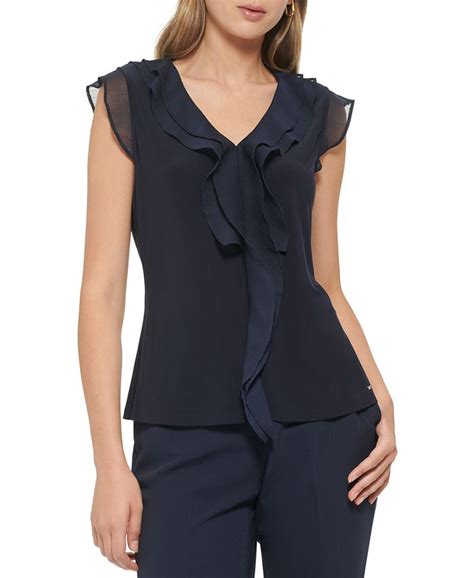 Tommy Hilfiger Womens Ruffle Trim V Neck Blouse Macys