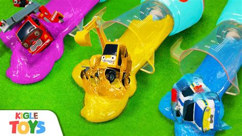 포크레인이 슬라임 괴물과 싸워요 장난감 덤프트럭 레미콘 경찰차 소방차 구급차 자동차 꼬마버스 타요 몬스터 폴리스 키글 토이 Kigle Toys Youtube