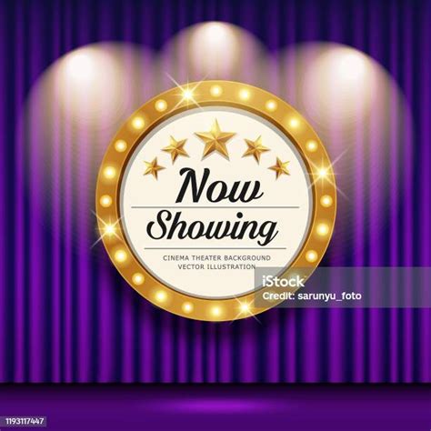 영화관 극장 벡터 와 서클 사인 골드 라이트 업 커튼 보라색 디자인 보라색에 대한 스톡 벡터 아트 및 기타 이미지 보라색 커튼 간판 Istock