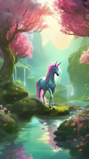 Premium Ai Image A Unicorn In A Forest With A Waterfall In The