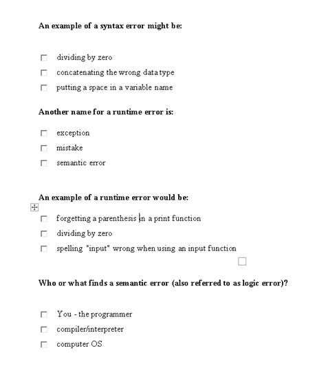 Solved An Example Of A Syntax Error Might Be Dividing By Chegg