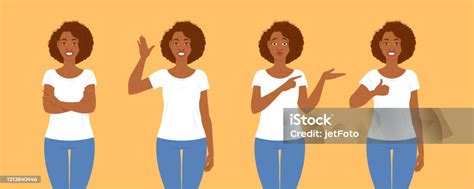 감정 아프로 스타일의 머리를 가진 캐주얼 한 옷을 입고 젊은 성인 흑인 여성과 함께 포즈를 취합니다 여자에 대한 스톡 벡터 아트 및 기타 이미지 Istock