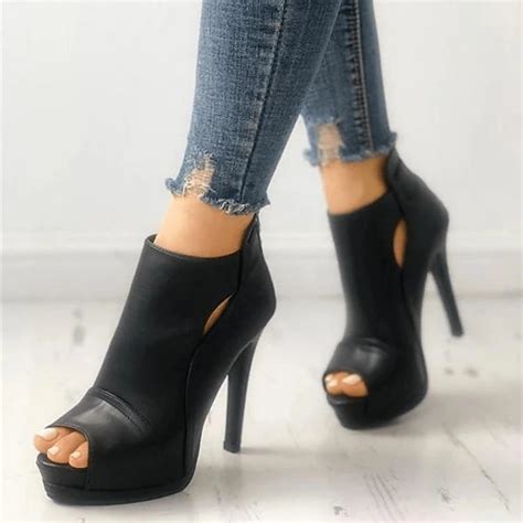 Womens Sexy Black Peep Toe Stiletto Heels With Cut Out Design Faux