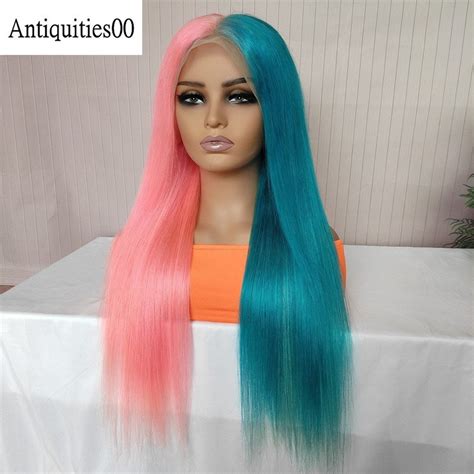 Pink Blue Lace Front Wigs Human Hair Long Straight Half Pink And Half