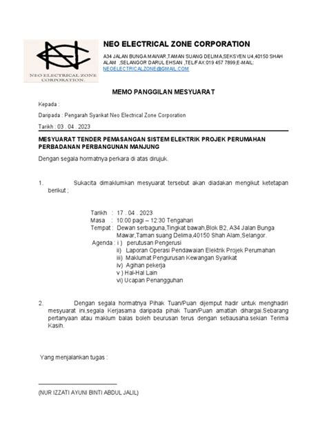 Neo Electrical Zone Corporation Memo Pdf