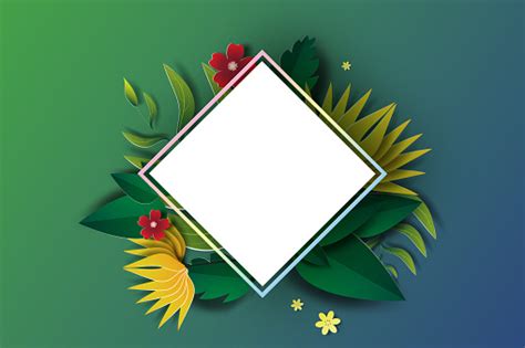 녹색 잎과 꽃 스퀘어 프레임의 종이 예술 디자인 종이 컷과 공예 스타일 텍스트 배너의 장면 장소입니다 템플릿과 봄과 여름 시즌