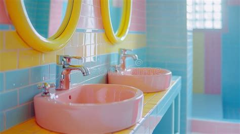 A Couple Of A Bathroom With Two Sinks And Colorful Tiles Ai Stock