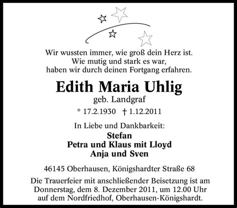 Traueranzeigen Von Edith Maria Uhlig Trauer In Nrwde