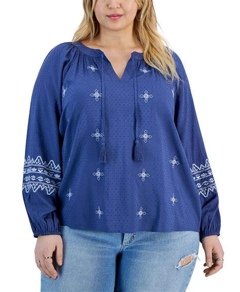 Style And Co Plus Size Embroidered Textured Split Neck Top Created For
