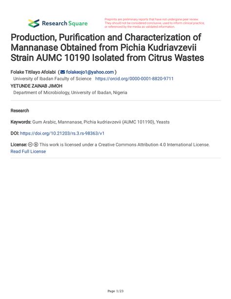Pdf Production Purification And Characterization Of Mannanase Obtained From Pichia