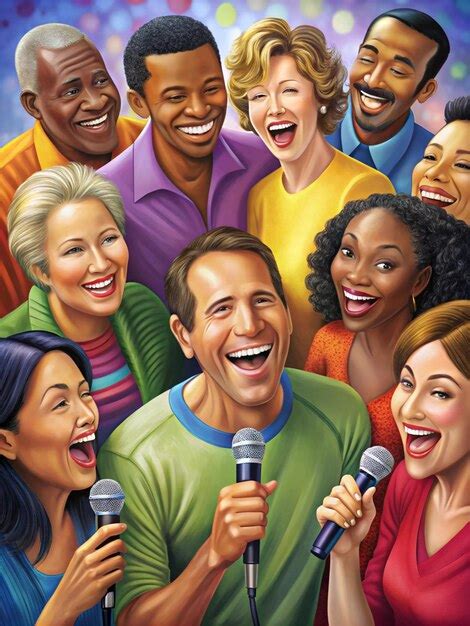A Group Of Diverse People Are Singing Karaoke All Smiling And Laughing