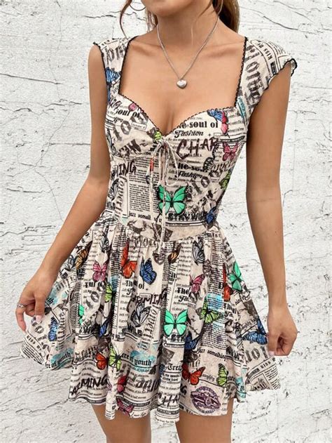 Shein Qutie Butterfly And Newspaper Print Sweetheart Neck Tie Front Dress