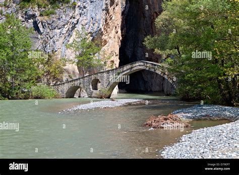 Portitsa Gorge And The Old Stone Bridge At Epirus Greece Stock Photo