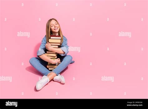 Photo Of Lovely Dreamy Satisfied Girl Wear Stylish Denim Clothes Hug