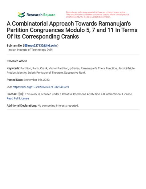 Pdf A Combinatorial Approach Towards Ramanujans Partition Congruences Modulo 5 7 And 11 In