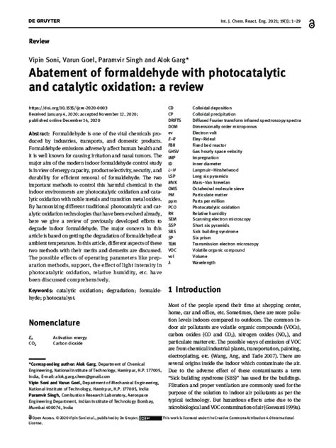 Pdf Abatement Of Formaldehyde With Photocatalytic And Catalytic Oxidation A Review Vipin