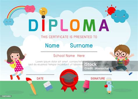 인증서 유치원 및 초등학교 유치원 아이 들 졸업장 인증서 패턴 디자인 서식 파일 유치원 학생을 위한 졸업장 템플릿 어린이 졸업장 인증서 감탄에 대한 스톡 벡터 아트 및 기타