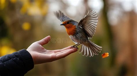 A Small Robin With A Vibrant Orange Breast And Grey Wings Is Landing On