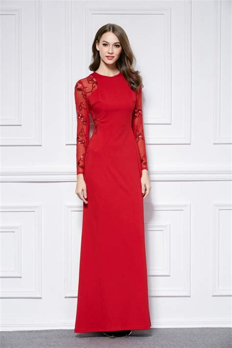 Red Floor Length Long Sleeve Evening Dress Prom Gown Thecelebritydresses