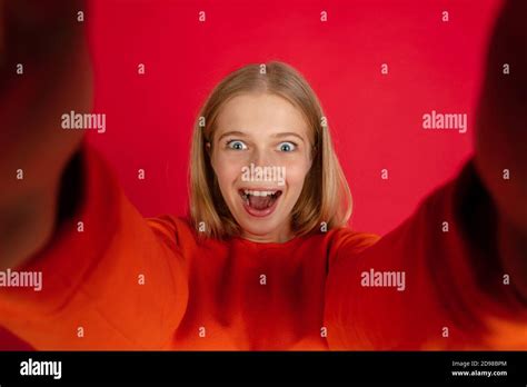 Selfie Look Gesturing Portrait Of Young Caucasian Woman Isolated On